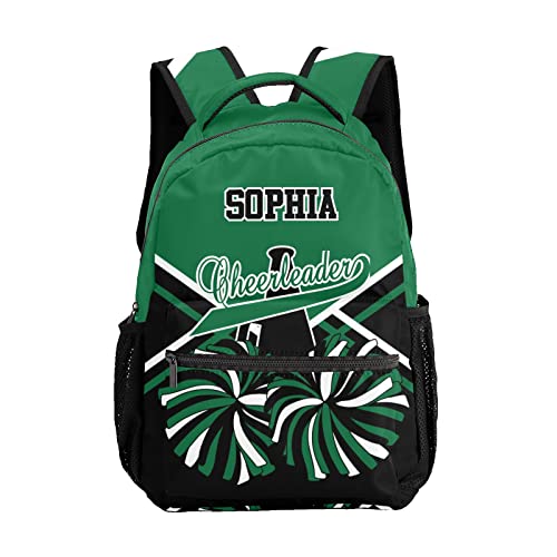 SunFancyCustom Cheer Cheerleader Black Green White Personalized Backpack with Name Waterproof Bag for Birthday Holiday Gift for Travel Office Work