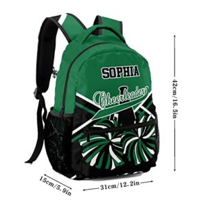 SunFancyCustom Cheer Cheerleader Black Green White Personalized Backpack with Name Waterproof Bag for Birthday Holiday Gift for Travel Office Work