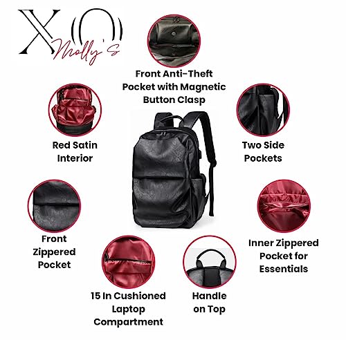 xoMolly's Anti-Theft 15 inch Laptop Leather Backpack (Black)