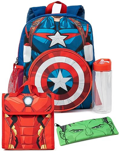 Marvel Boys Backpack | Captain America 4-Piece School Bag Set | Avengers Merchandise | Multiple Compartments