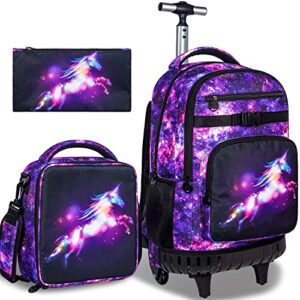 klfvb rolling backpack for women,3pcs adult wheeled bag with lunch bag for girls,waterproof roller wheels bookbag - unicorn