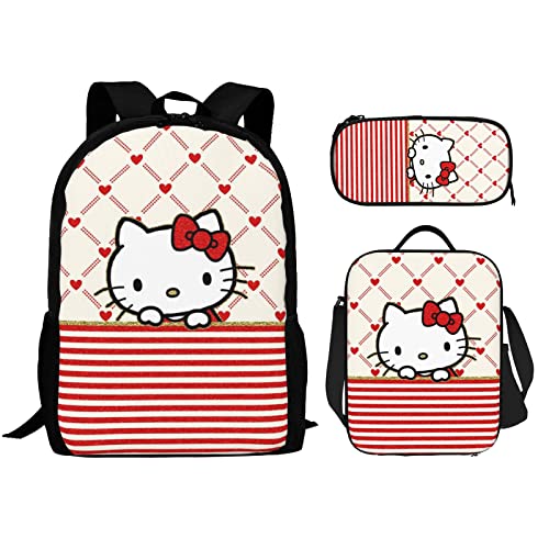 Cartoon Cute Cat Pattern Kids Backpacks Set for Girls School Backpack with Lunch Box Pencil Case