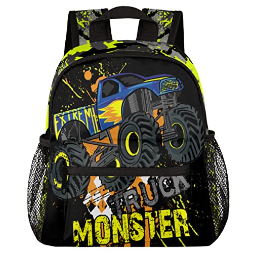 cfpolar Yellow Monster Trucks Car Kids Backpacks for Boys, Cute Toddler Backpack Preschool Kindergarten Elementary School Backpack Lightweight Mini Shoulder Bookbag Casual Daypack with Chest Strap