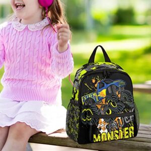 cfpolar Yellow Monster Trucks Car Kids Backpacks for Boys, Cute Toddler Backpack Preschool Kindergarten Elementary School Backpack Lightweight Mini Shoulder Bookbag Casual Daypack with Chest Strap