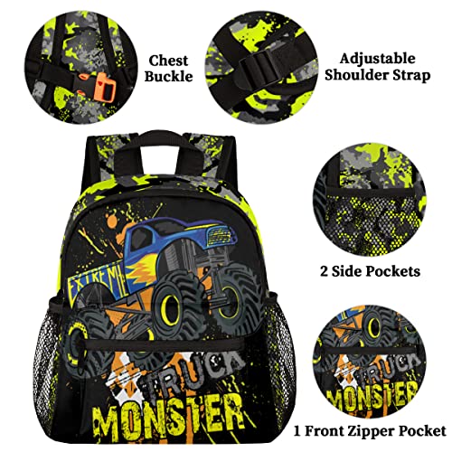 cfpolar Yellow Monster Trucks Car Kids Backpacks for Boys, Cute Toddler Backpack Preschool Kindergarten Elementary School Backpack Lightweight Mini Shoulder Bookbag Casual Daypack with Chest Strap