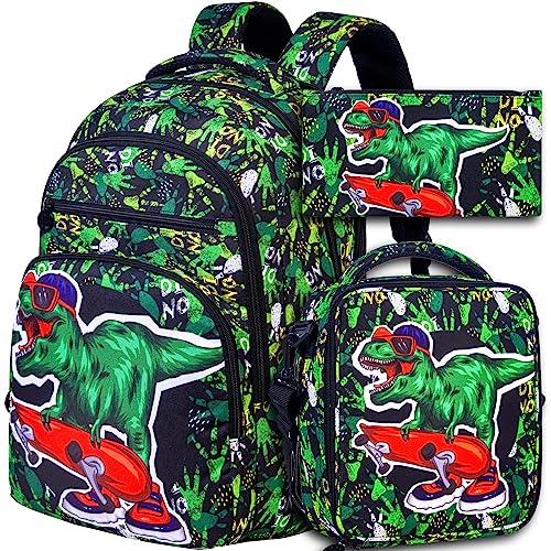 CCJPX 3PCS Kids Backpack for Boys, Dinosaur School Bookbag with Lunch Box, 17 Inch Laptop Backpacks for Teen Boy