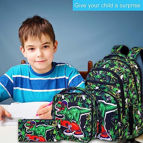 CCJPX 3PCS Kids Backpack for Boys, Dinosaur School Bookbag with Lunch Box, 17 Inch Laptop Backpacks for Teen Boy