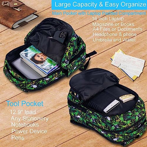 CCJPX 3PCS Kids Backpack for Boys, Dinosaur School Bookbag with Lunch Box, 17 Inch Laptop Backpacks for Teen Boy