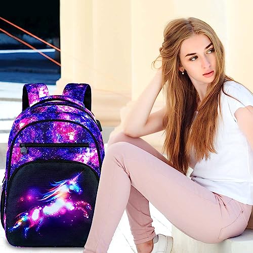 UFNDC 3PCS Laptop Backpack for Women, 17" Waterproof Travel Computer Bookbag with USB Charging Port, Cute Anti Theft Unicorn Backpacks for College Teenagers Girls