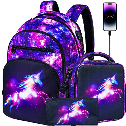 KLFVB Laptop Backpack for Women, Travel College Bookbag with USB Charging Port, 17 Inch Cute Business Computer Waterproof Anti Theft Backpacks for Teenagers Girls - Unicorn