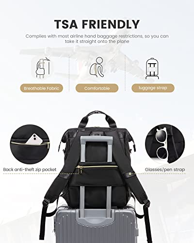 LOVEVOOK Laptop Backpack for Women Wide Open Computer Work Bag Business Travel Backpack Quilted Convertible Tote Backpack Purse 15.6 Inch Teacher Nurse Computer Laptop Bag with USB Port, Black