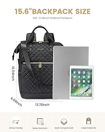 LOVEVOOK Laptop Backpack for Women Wide Open Computer Work Bag Business Travel Backpack Quilted Convertible Tote Backpack Purse 15.6 Inch Teacher Nurse Computer Laptop Bag with USB Port, Black