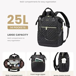 LOVEVOOK Laptop Backpack for Women Wide Open Computer Work Bag Business Travel Backpack Quilted Convertible Tote Backpack Purse 15.6 Inch Teacher Nurse Computer Laptop Bag with USB Port, Black