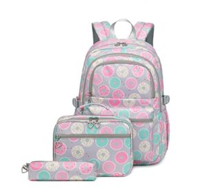 yjmkoi 3pcs donut print backpack for girls middle-school elementary bookbags with lunch box (grey)