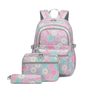 YJMKOI 3PCS Donut Print Backpack for Girls Middle-School Elementary Bookbags with Lunch Box (Grey)