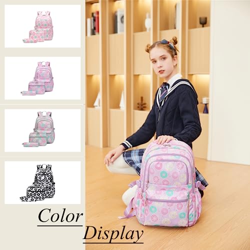 YJMKOI 3PCS Donut Print Backpack for Girls Middle-School Elementary Bookbags with Lunch Box (Grey)