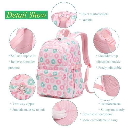 YJMKOI 3PCS Donut Print Backpack for Girls Middle-School Elementary Bookbags with Lunch Box (Grey)