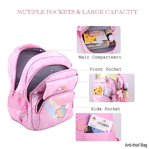 Kacizes Backpack for School Girls Backpacks Kids Cute Rainbow Elementary Middle Bookbag with Laptop Compartments for Travel Daypack, Pink