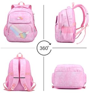 Kacizes Backpack for School Girls Backpacks Kids Cute Rainbow Elementary Middle Bookbag with Laptop Compartments for Travel Daypack, Pink