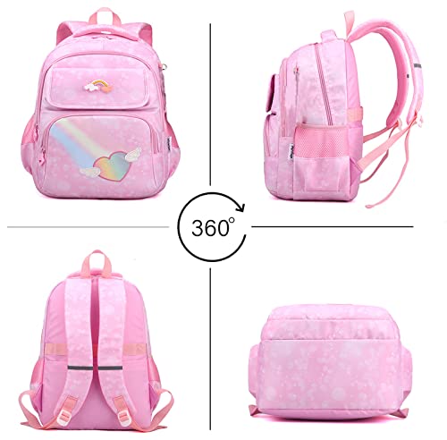 Kacizes Backpack for School Girls Backpacks Kids Cute Rainbow Elementary Middle Bookbag with Laptop Compartments for Travel Daypack, Pink