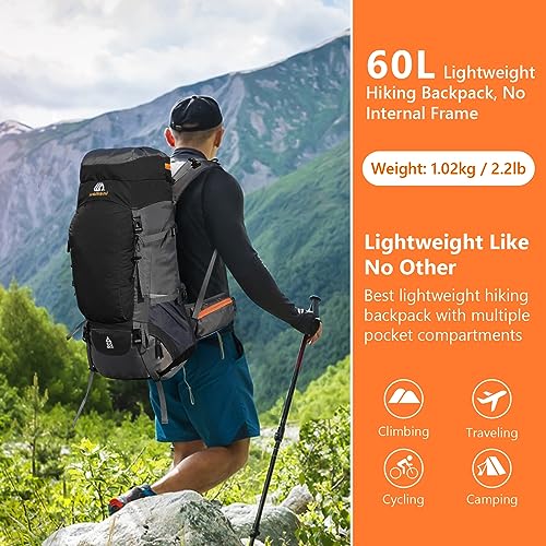 Unineovo 60L Lightweight Hiking Backpack with Rain Cover, Outdoor Sport Waterproof Travel Daypack for Climbing Camping Touring (Black)