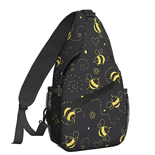 FeHuew Women Doodle Bee Black Cute Pattern Crossbody Sling Backpack for Men Chest Bag Shoulder Bag Lightweight One Strap Backpack Travel Outdoor Daypack