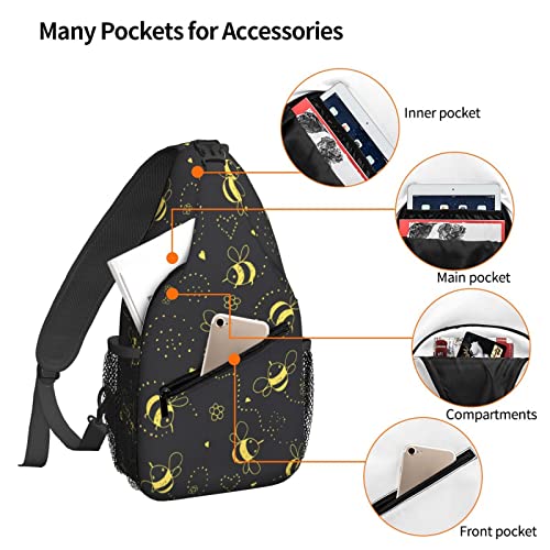 FeHuew Women Doodle Bee Black Cute Pattern Crossbody Sling Backpack for Men Chest Bag Shoulder Bag Lightweight One Strap Backpack Travel Outdoor Daypack