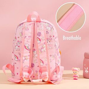 LESNIC Pink Unicorn Kids Backpack Medium, 12 inch Lightweight Breathable Cute Small Rucksack, Buckles in the Chest for Kids, Rainbow Preschool Kids Bag