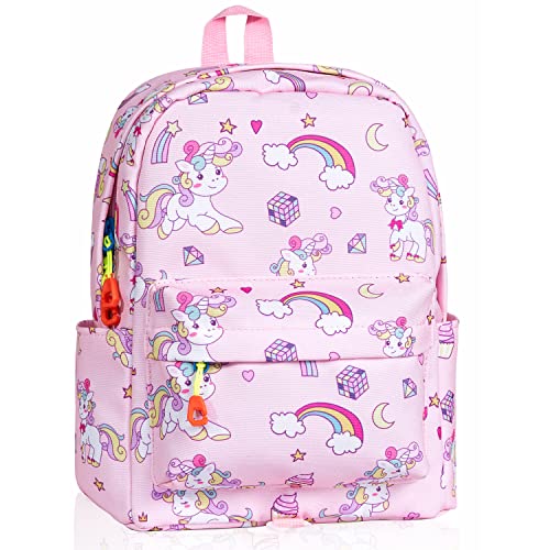 LESNIC Pink Unicorn Kids Backpack Medium, 12 inch Lightweight Breathable Cute Small Rucksack, Buckles in the Chest for Kids, Rainbow Preschool Kids Bag