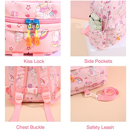 LESNIC Pink Unicorn Kids Backpack Medium, 12 inch Lightweight Breathable Cute Small Rucksack, Buckles in the Chest for Kids, Rainbow Preschool Kids Bag