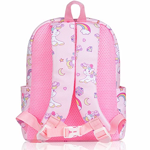 LESNIC Pink Unicorn Kids Backpack Medium, 12 inch Lightweight Breathable Cute Small Rucksack, Buckles in the Chest for Kids, Rainbow Preschool Kids Bag