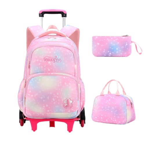 YJMKOI 3PCS Colorful Heart Print Rolling Backpack for Girls Elementary Trolley School Bag with Lunch Box