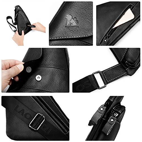 pundarika Leather Sling bag for men women casual crossbody backpack small shoulder bag chest bag-Black