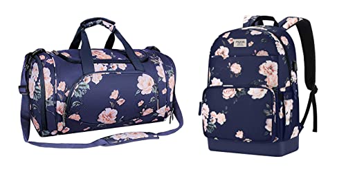 MOSISO 15.6-16 inch Laptop Backpack for Women with Luggage Strap & USB Charging Port, Sports Duffel Peony Gym Bag with Shoe Compartment&Camellia Travel Business Bag, Blue