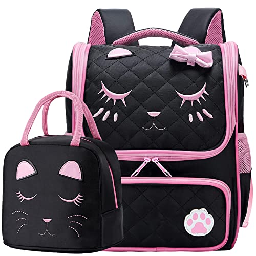 FEWOFJ Cute Black Backpacks with Lunch Bag for Teen Girls, Kids Backpack for Toddler Preschool Bookbags Elementary School Bags