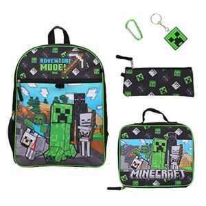 minecraft 5-piece set: 16" backpack, lunchbox, utility case, rubber keychain, and carabiner