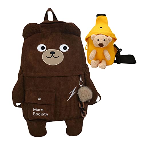 bafokrim Kawaii Backpack For Girls Boys teens Cute Bear Large Capacity Fashion Leisure Backpack With Small Bag (Brown)