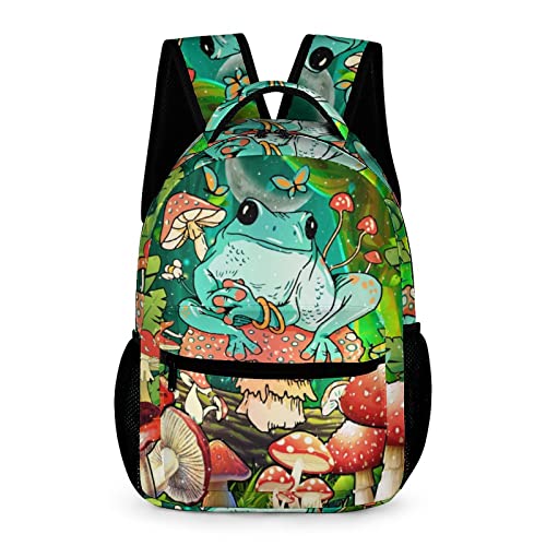 Ueshiramanu Frog Backpack Mushroom Gift for Kids Boys Girls Polyester School Bag Print Travel Stylish Laptop Bookbag