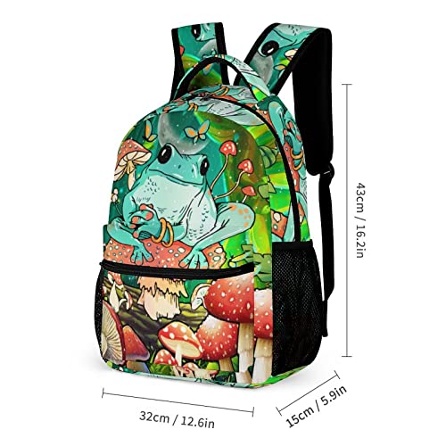 Ueshiramanu Frog Backpack Mushroom Gift for Kids Boys Girls Polyester School Bag Print Travel Stylish Laptop Bookbag