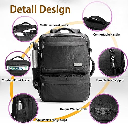 KNOWVANUnderseat Carry on Backpack for Men & Women, 44Lwaterproof Large Backpack with 17 inch Laptop Compartment & Shoe Bag for Airplane Flight Luggage Personal Item(Black)