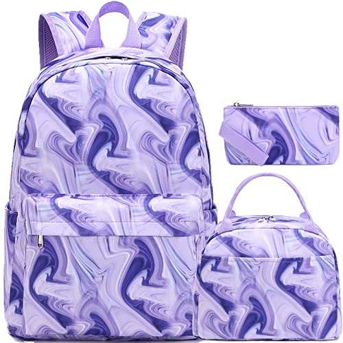 Jumpopack 3 Pcs Girls Backpack Lightweight Waterproof Girls Backpack with Lunch Box 16inch Laptop Sleeve Backpack for Teen Girls School Backpack School Bag Bookbag (Marble Purple)