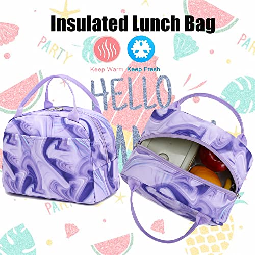 Jumpopack 3 Pcs Girls Backpack Lightweight Waterproof Girls Backpack with Lunch Box 16inch Laptop Sleeve Backpack for Teen Girls School Backpack School Bag Bookbag (Marble Purple)