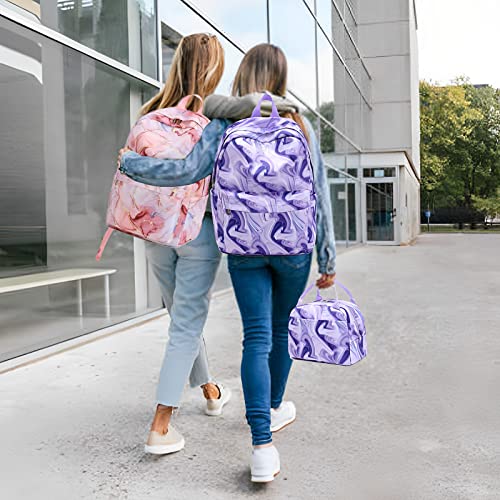 Jumpopack 3 Pcs Girls Backpack Lightweight Waterproof Girls Backpack with Lunch Box 16inch Laptop Sleeve Backpack for Teen Girls School Backpack School Bag Bookbag (Marble Purple)