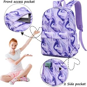 Jumpopack 3 Pcs Girls Backpack Lightweight Waterproof Girls Backpack with Lunch Box 16inch Laptop Sleeve Backpack for Teen Girls School Backpack School Bag Bookbag (Marble Purple)