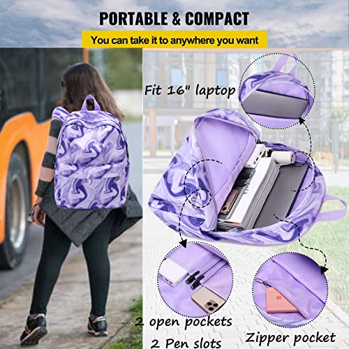 Jumpopack 3 Pcs Girls Backpack Lightweight Waterproof Girls Backpack with Lunch Box 16inch Laptop Sleeve Backpack for Teen Girls School Backpack School Bag Bookbag (Marble Purple)