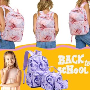 Jumpopack 3 Pcs Girls Backpack Lightweight Waterproof Girls Backpack with Lunch Box 16inch Laptop Sleeve Backpack for Teen Girls School Backpack School Bag Bookbag (Marble Purple)