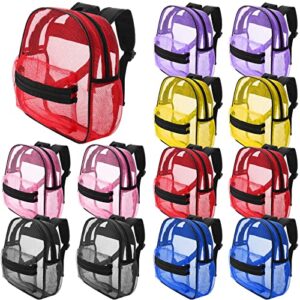 silkfly 12 pcs mesh backpack in bulk for school see through heavy duty bookbags with adjustable straps for kids boys girls students adults clear backpack for beach, fitness, swimming, outdoor sports