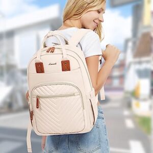 LOVEVOOK Quilted Backpack for Women, 15.6 Inch Computer Bag, Stylish Travel Backpack Purse Notebook with USB Port Waterproof Casual Daypack Large Bags for Daily Work, Beige