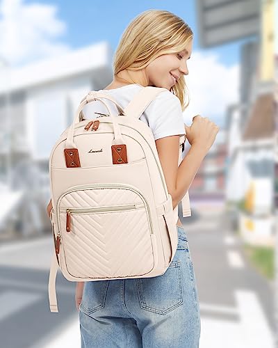 LOVEVOOK Quilted Backpack for Women, 15.6 Inch Computer Bag, Stylish Travel Backpack Purse Notebook with USB Port Waterproof Casual Daypack Large Bags for Daily Work, Beige