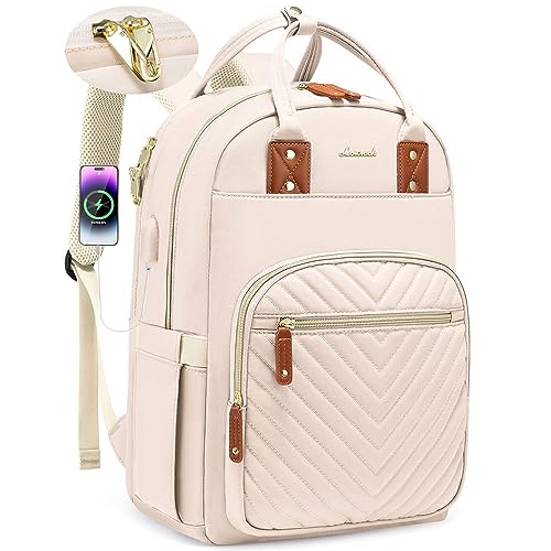 LOVEVOOK Quilted Backpack for Women, 15.6 Inch Computer Bag, Stylish Travel Backpack Purse Notebook with USB Port Waterproof Casual Daypack Large Bags for Daily Work, Beige